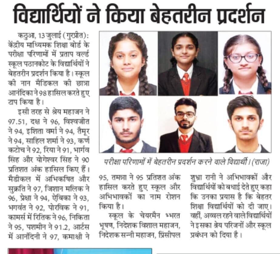 Top academic results of Class 12th of PWS in District Pathankot 2020 - Partap World School
